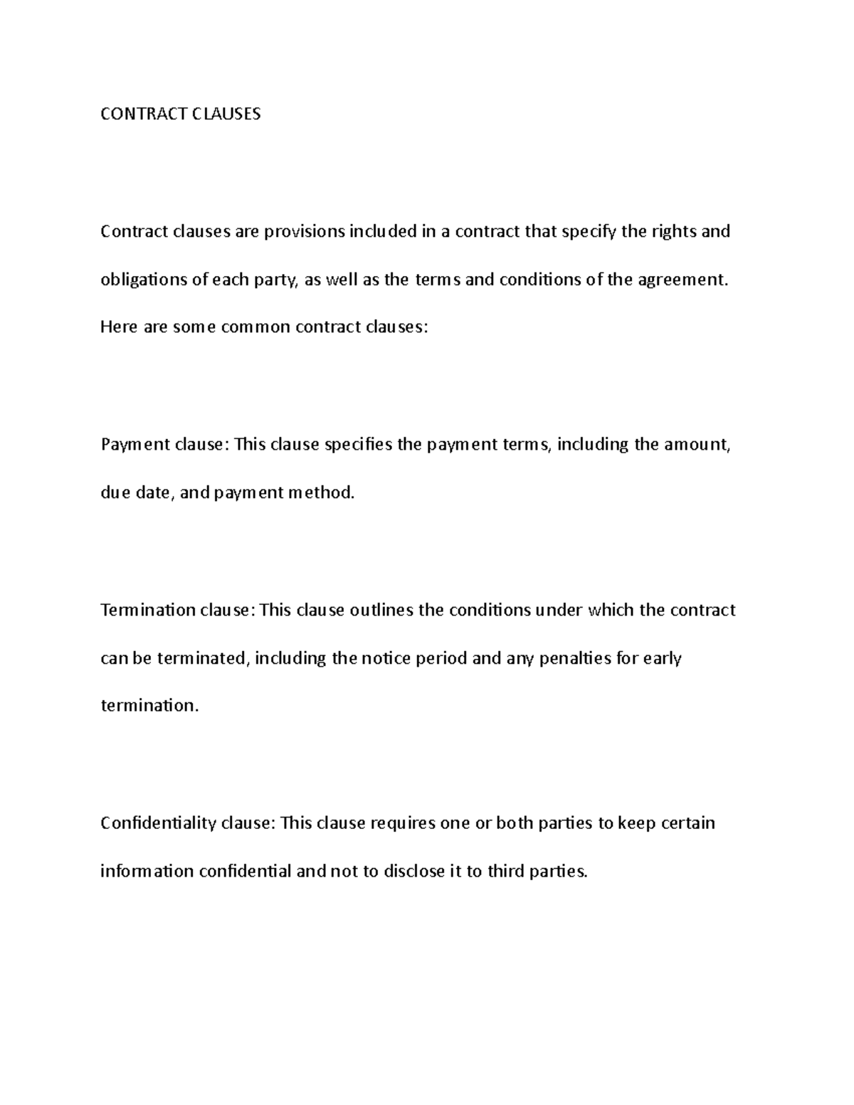 Contract Clauses - CONTRACT CLAUSES Contract clauses are provisions ...