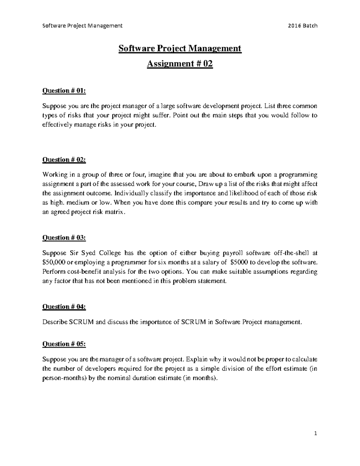 Sample/practice exam 2016, questions - Software Project Management 2016 ...