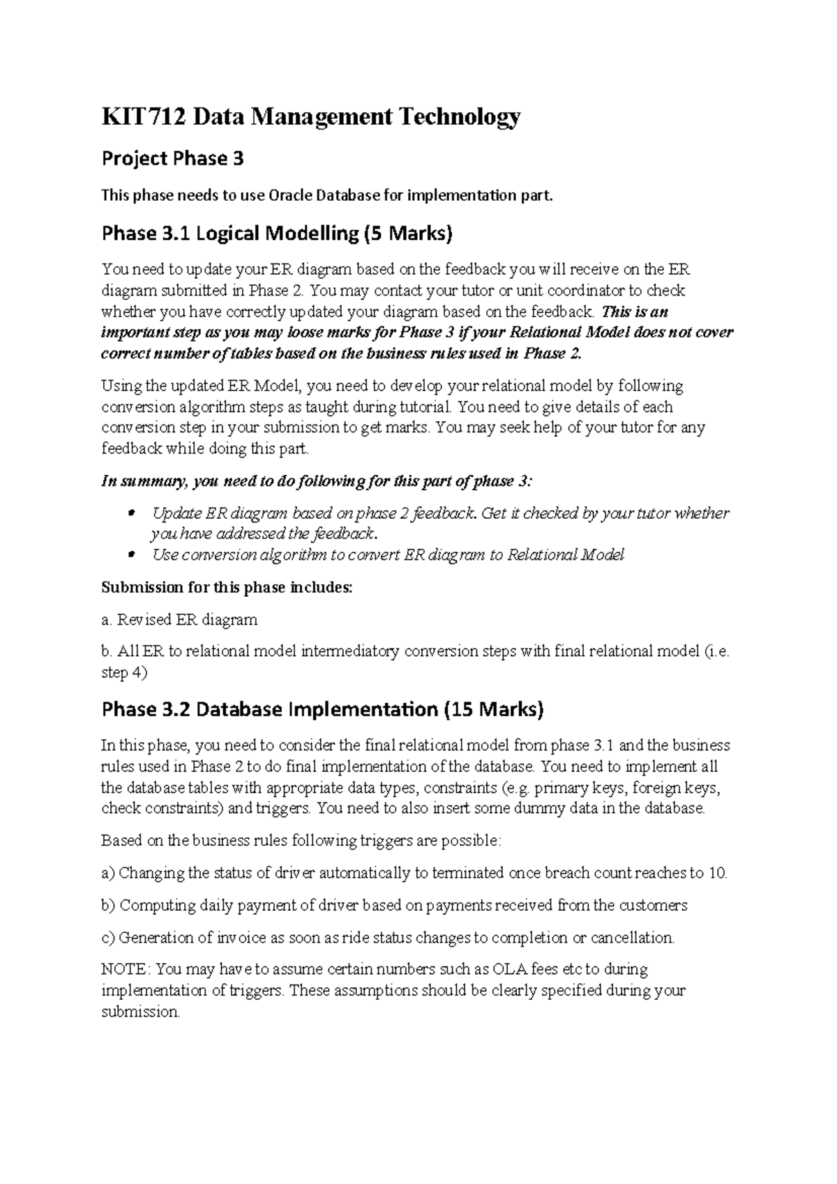 Phase 3 - KIT712 Data Management Technology Project Phase 3 This phase ...
