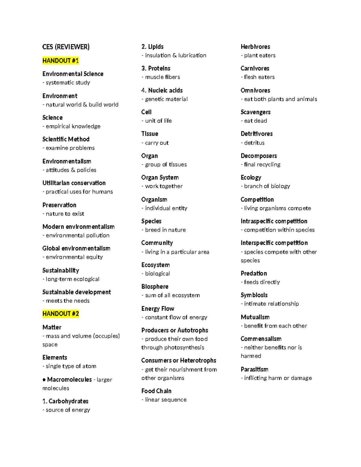 CES - Lipids insulation & lubrication Proteins muscle fibers Nucleic ...