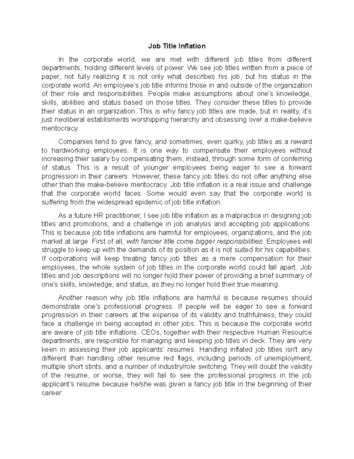 Essay - Job Title Inflation (PSYCH ELECTIVE) - Job Title Inflation In ...