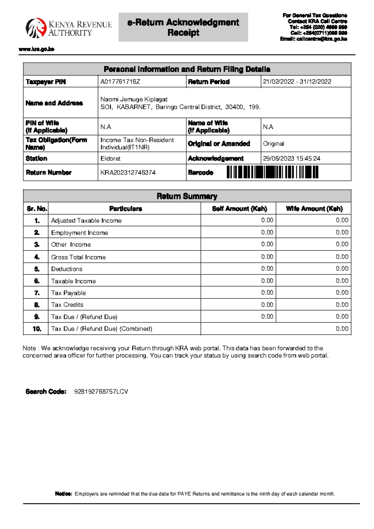 Receipt(15) - For General Tax Questions Contact KRA Call Centre Tel ...