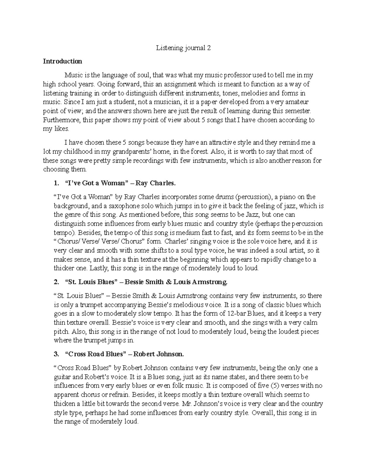 Listening Journal 2 - Listening journal 2 Introduction Music is the ...