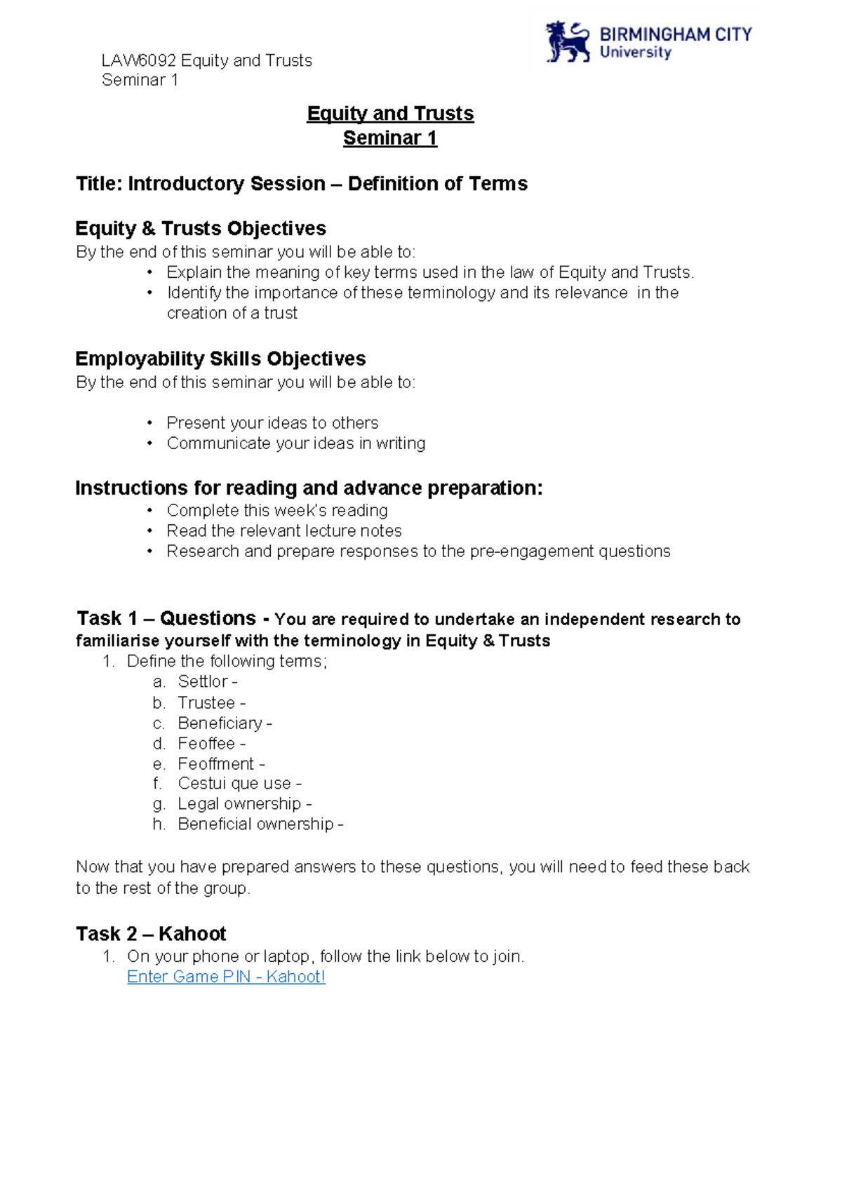 Introduction to Equity and Trusts - LAW6092 Equity and Trusts Seminar 1 ...
