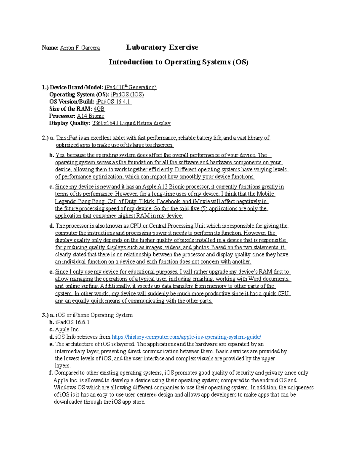 01 Lab Exer 1 - ... - Name: Arron F. Garcera Laboratory Exercise Introduction to Operating ...