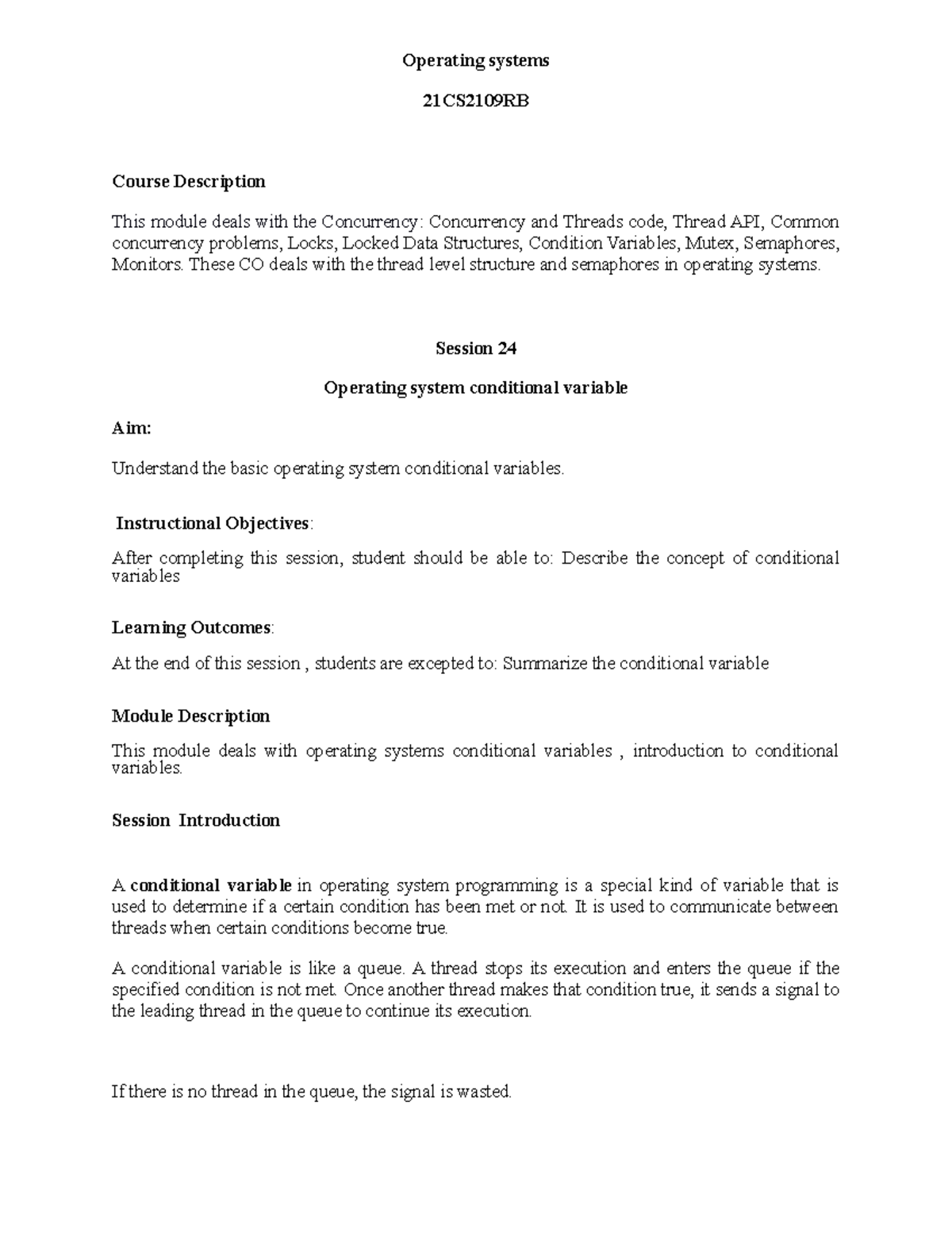 1 slm - Notes - Operating systems 21CS2109RB Course Description This ...