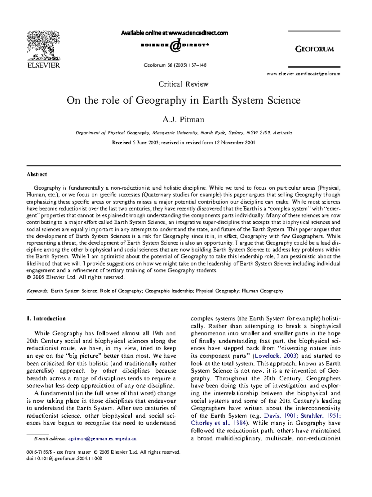 Pitman 05 Geoforum-1 - role of geography in earth system science and ...