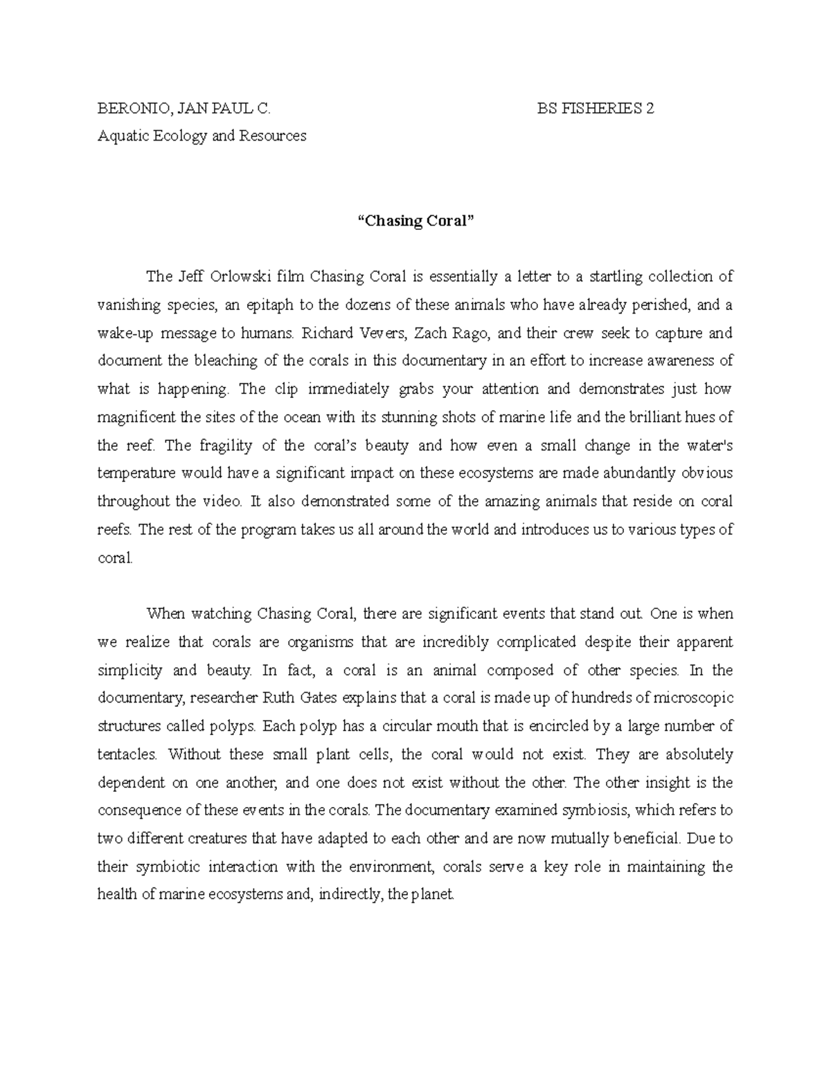Beronio Reaction paper (Chasing Coral) - BERONIO, JAN PAUL C. BS ...