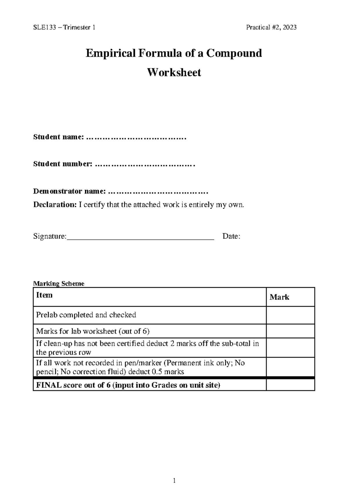 P2 Empirical Formula worksheet - Empirical Formula of a Compound ...