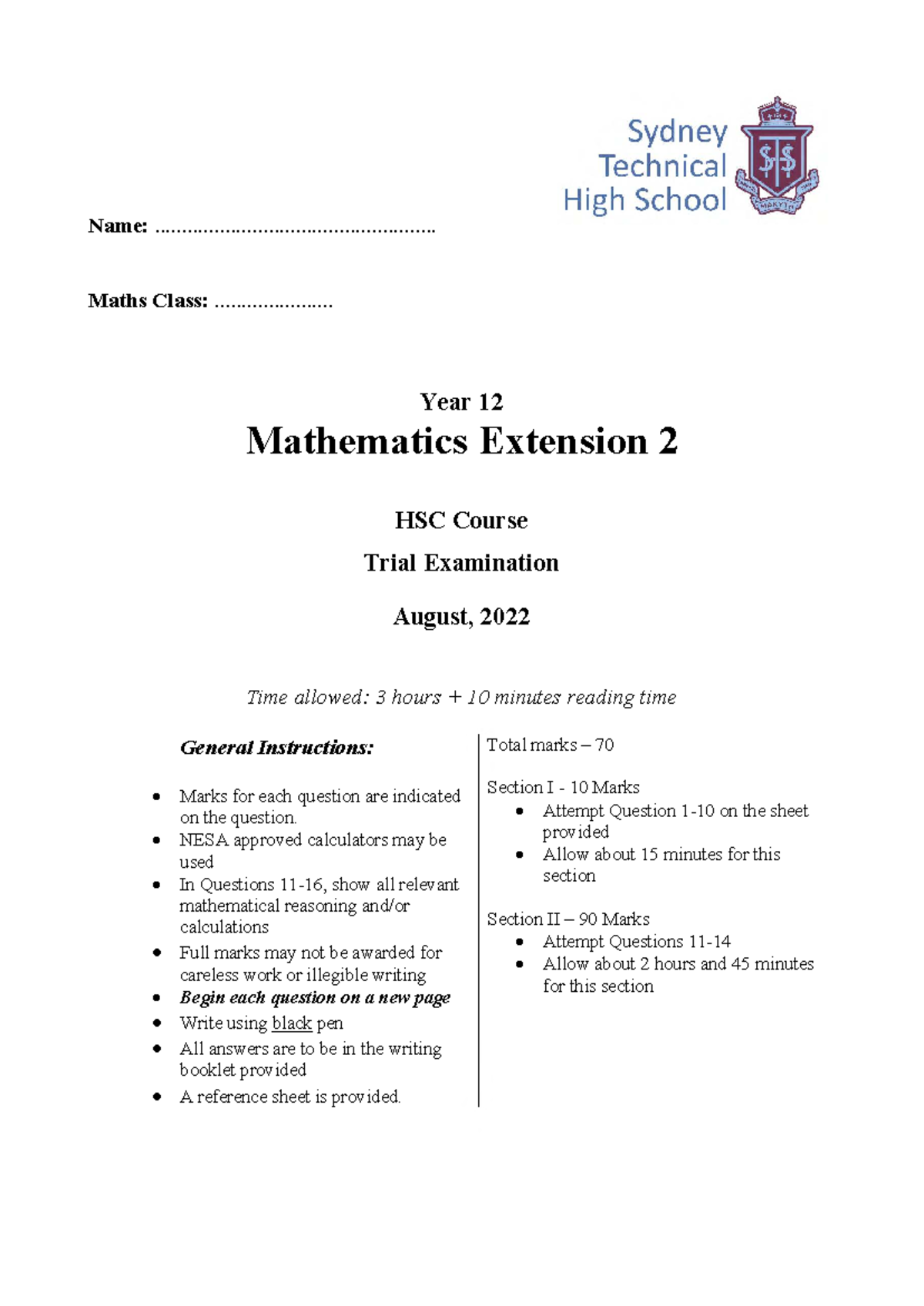 4u 2022 sydney tech trial paper with solutions - Name: - Studocu