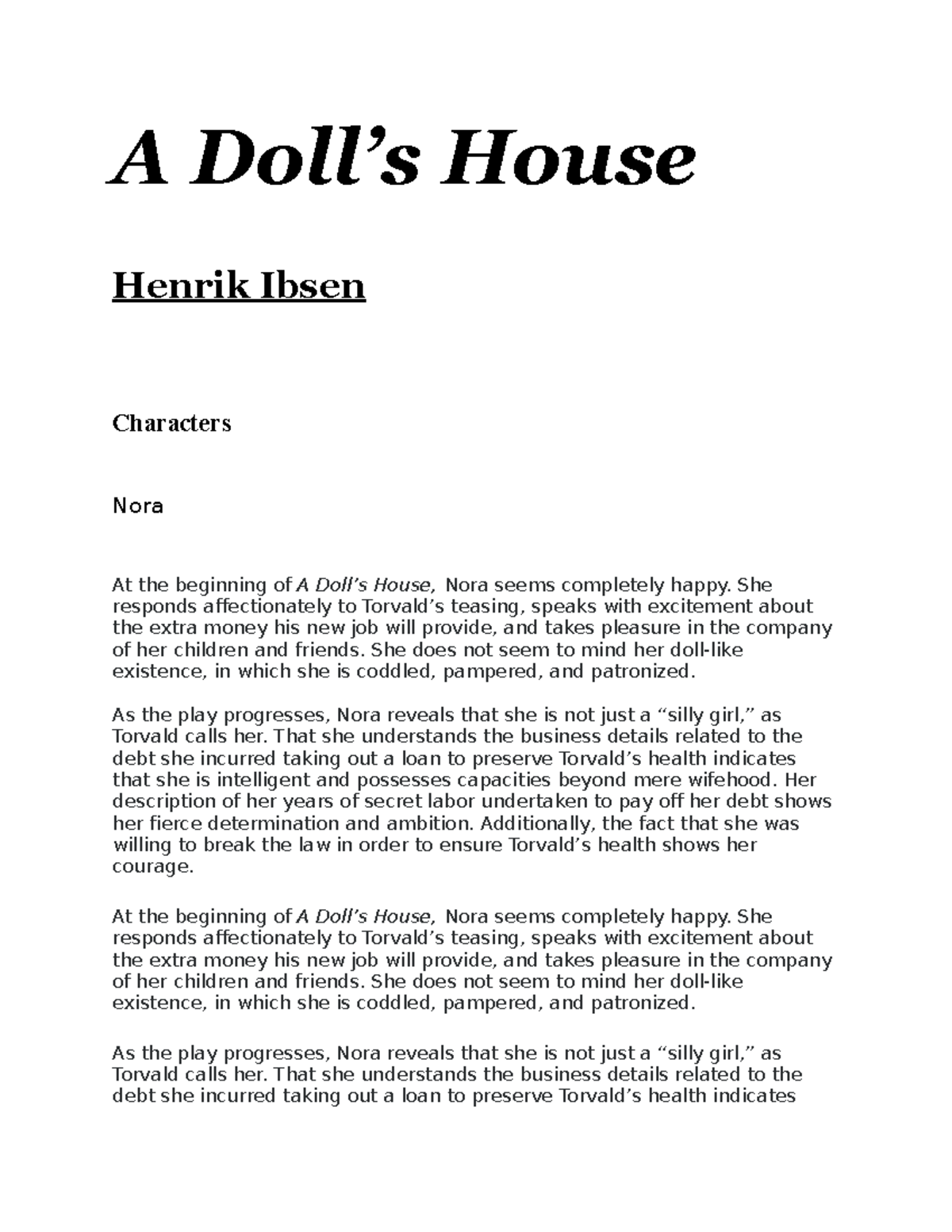 A Doll's House - C and T - Characters and Themes - A Doll’s House ...