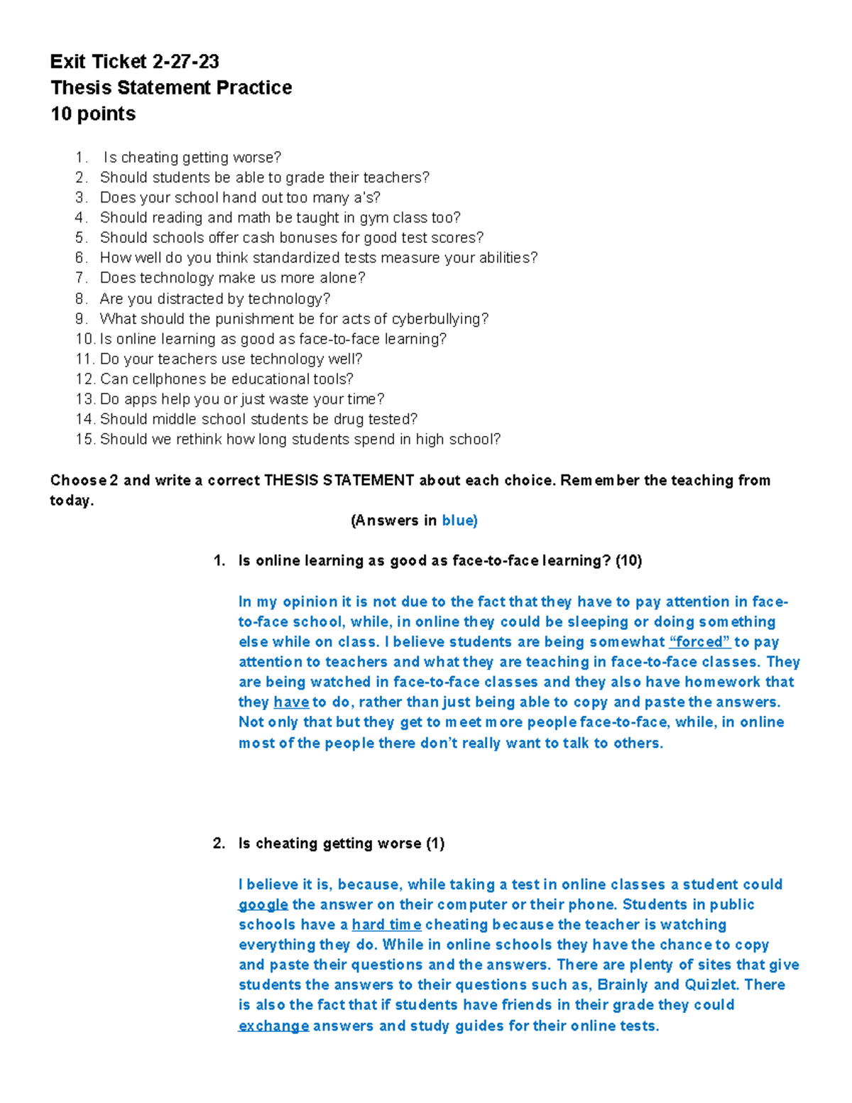 Exit Ticket 2-27-23 Thesis Statement Practice finished - Exit Ticket 2 ...