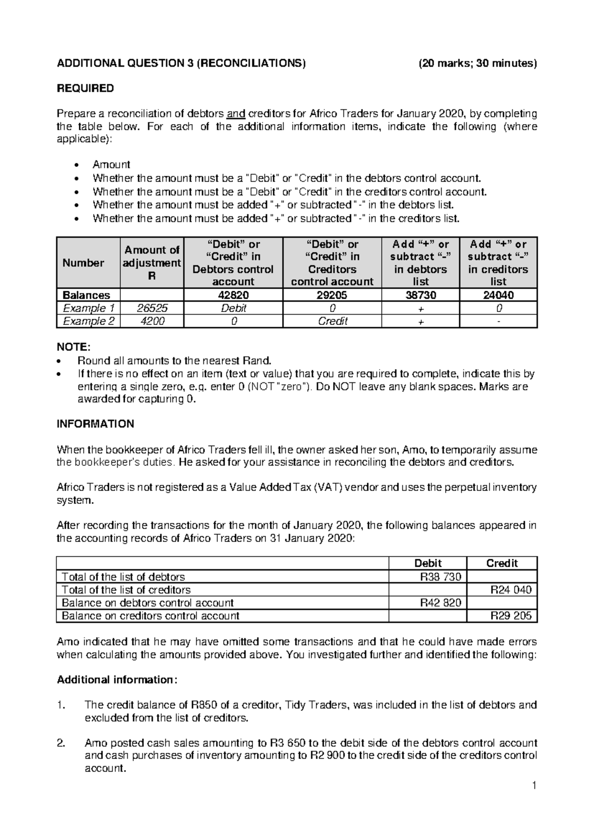 Additional Question 3 (Debtors and creditors reconciliation) - Q - 1 ADDITIONAL QUESTION 3 - Studocu