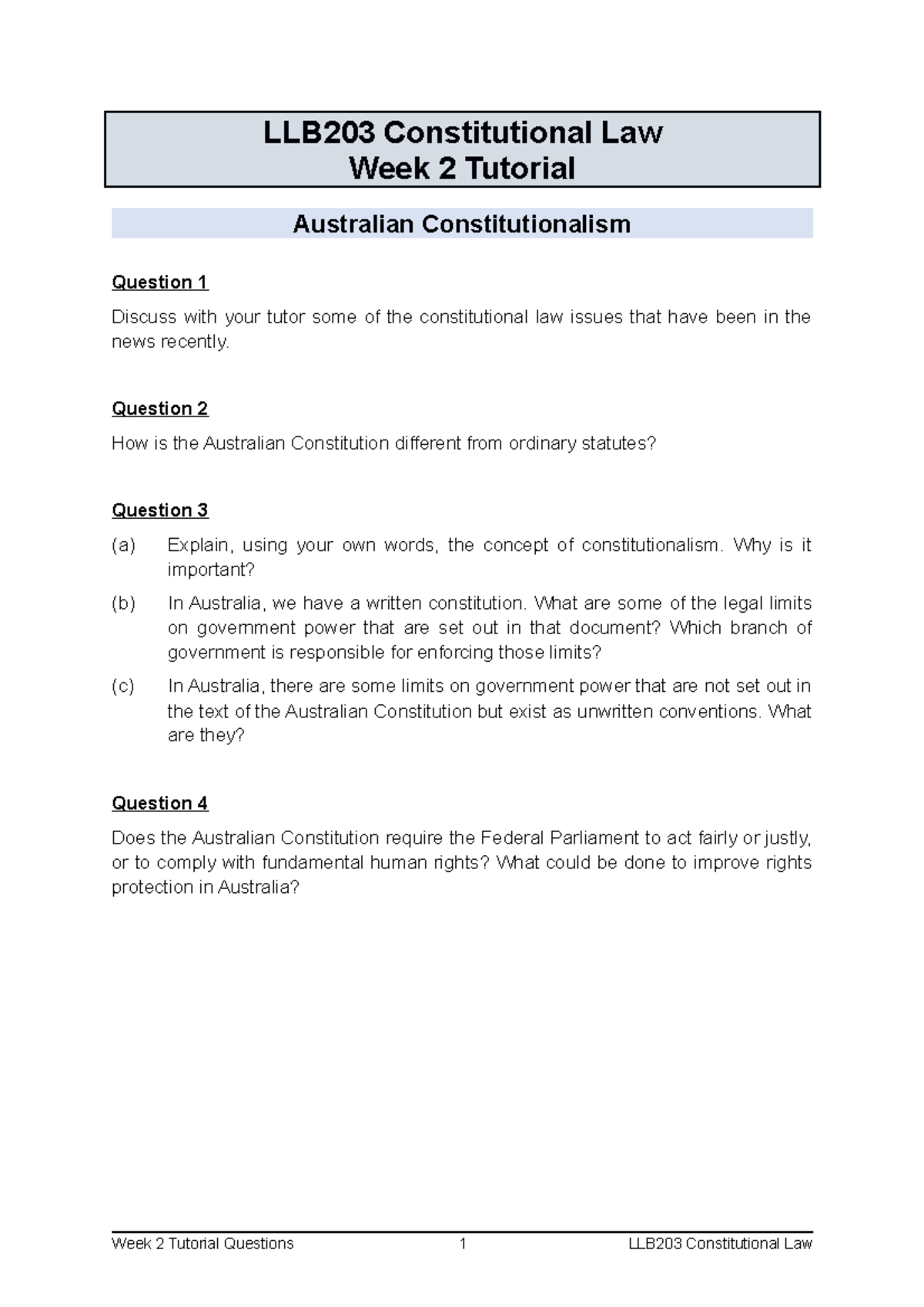 LLB203 Week 2 Tutorial Questions - LLB203 Constitutional Law Week 2 Tutorial Australian - Studocu