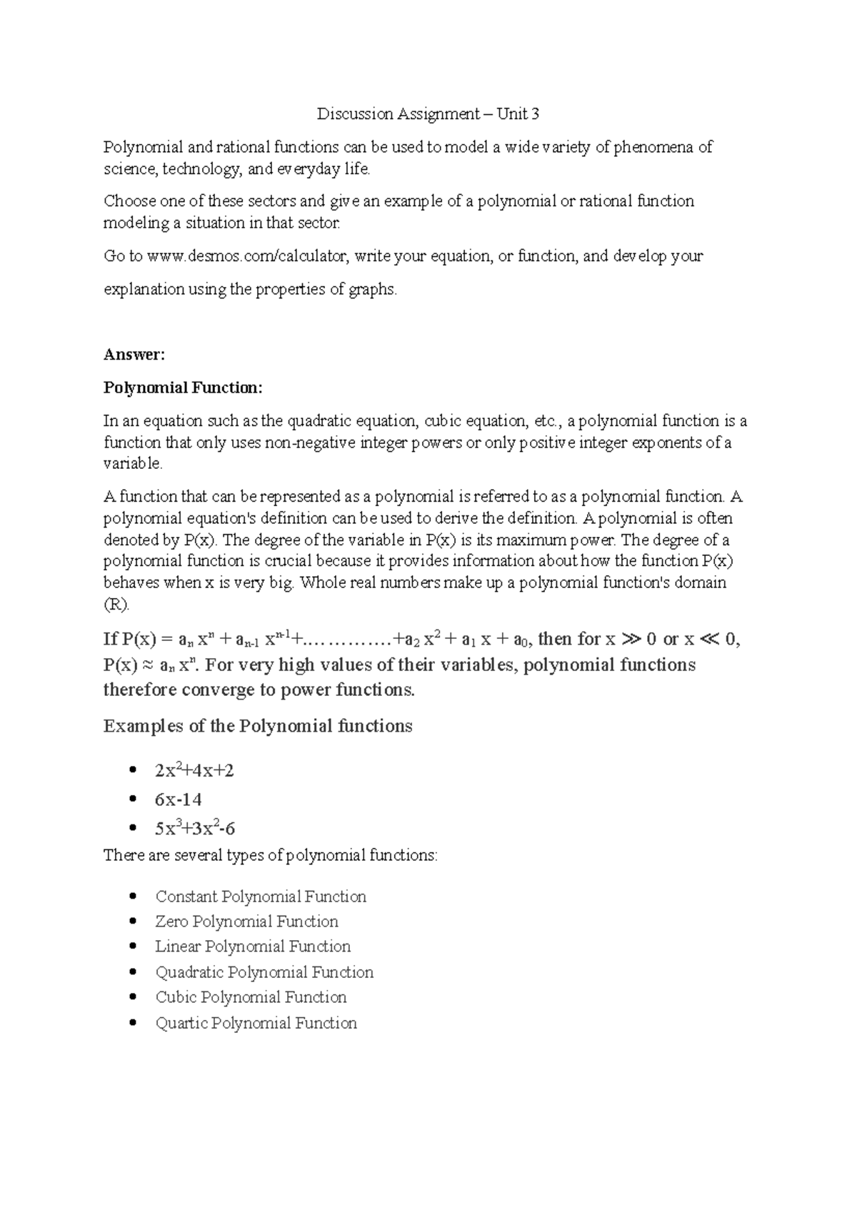 Discussion Assignment Unit 3 Discussion Assignment Unit 3 Polynomial And Rational Functions