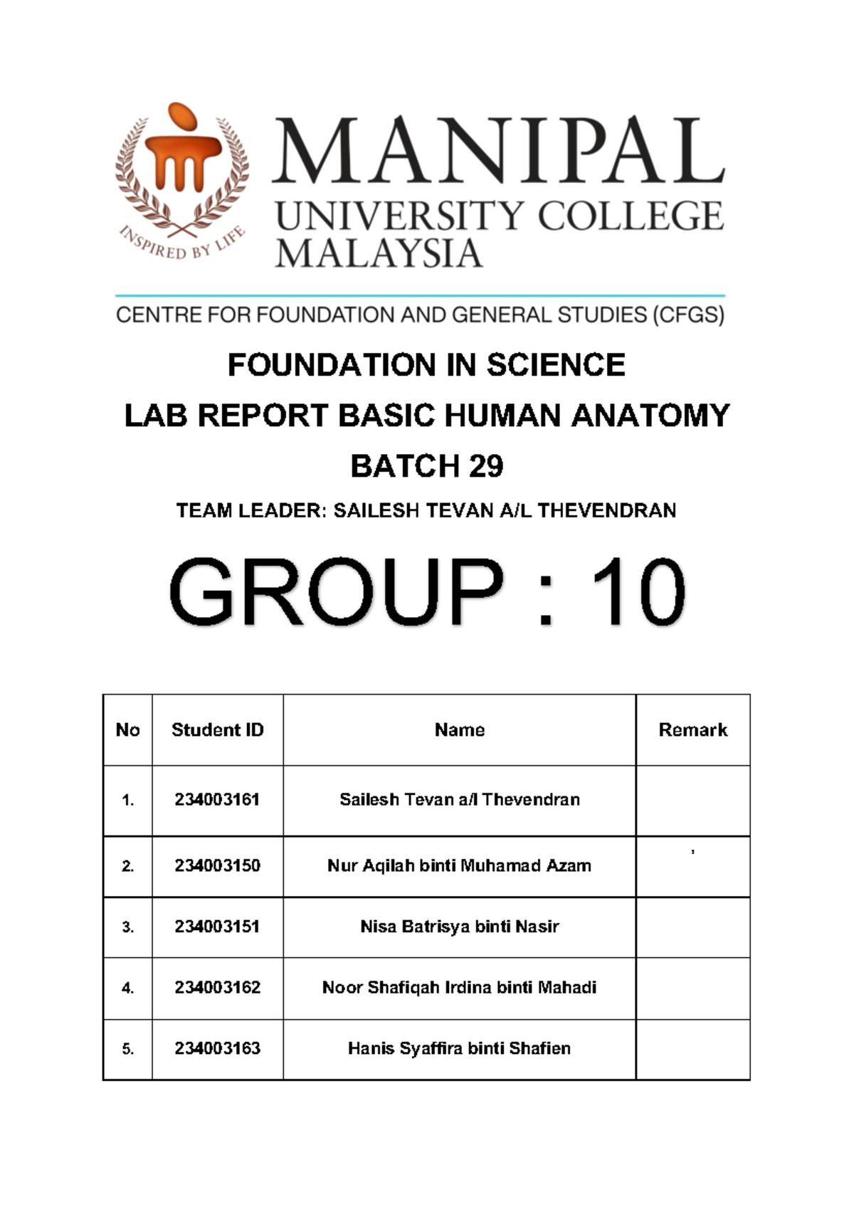 LAB Anatomy Cover - Medicine (MBBS) - FOUNDATION IN SCIENCE LAB REPORT ...