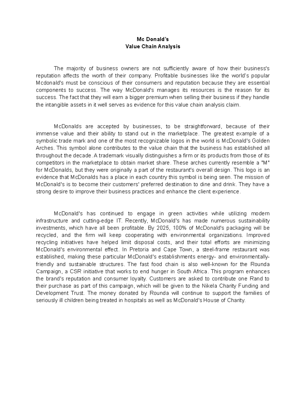 Mc Donald’s Value Chain Analysis - Mc Donald’s Value Chain Analysis The ...