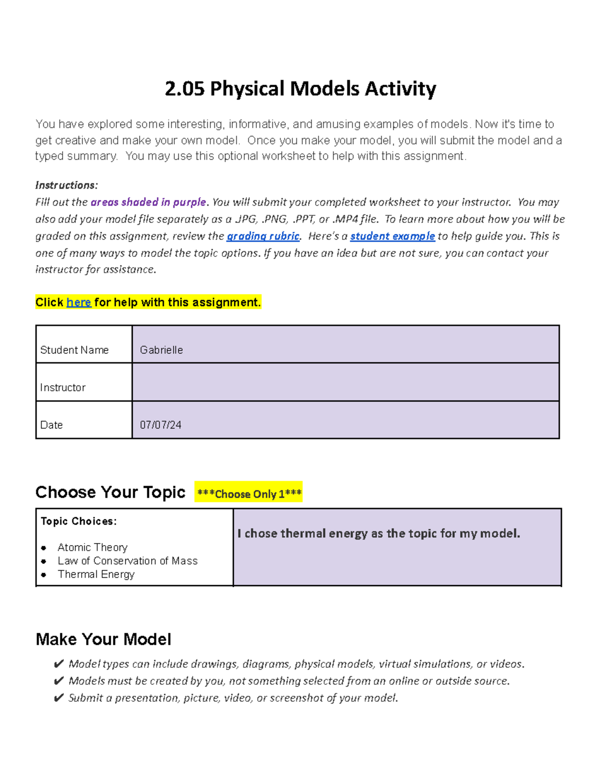 Copy of 2.05 Physical Models Activity Worksheet - 2 Physical Models ...