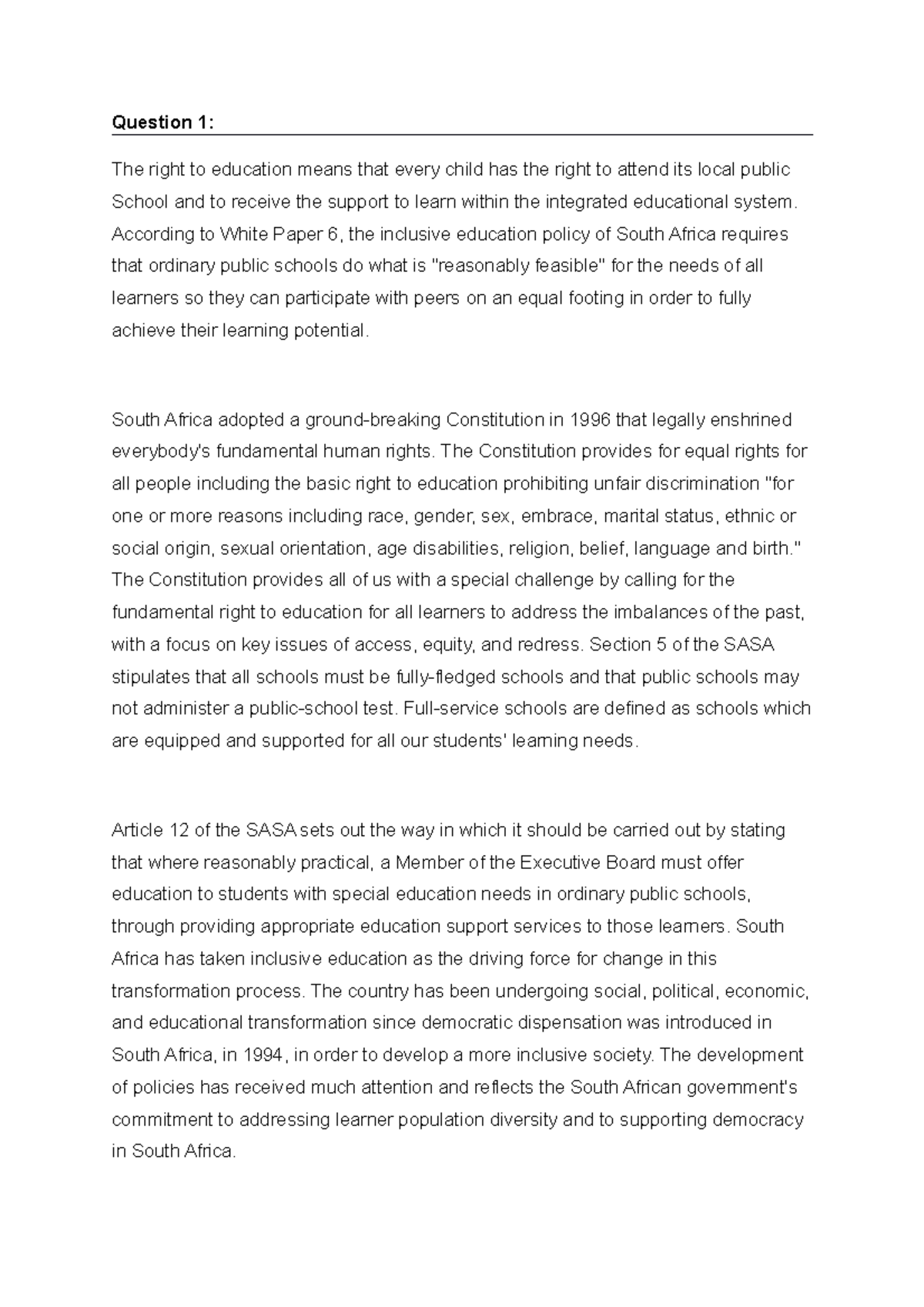 Inclusive Education A - Assignment - Question 1: The right to education ...