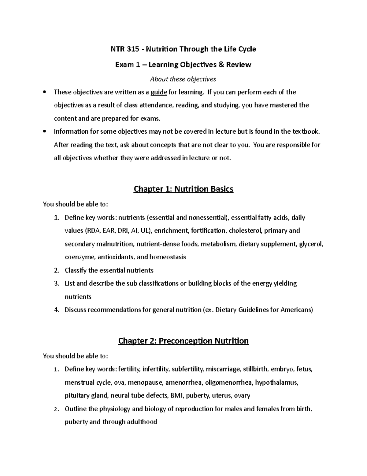 NTR 315 Exam 1 Learning Objectives and Review Spring 2023 - NTR 315 ...