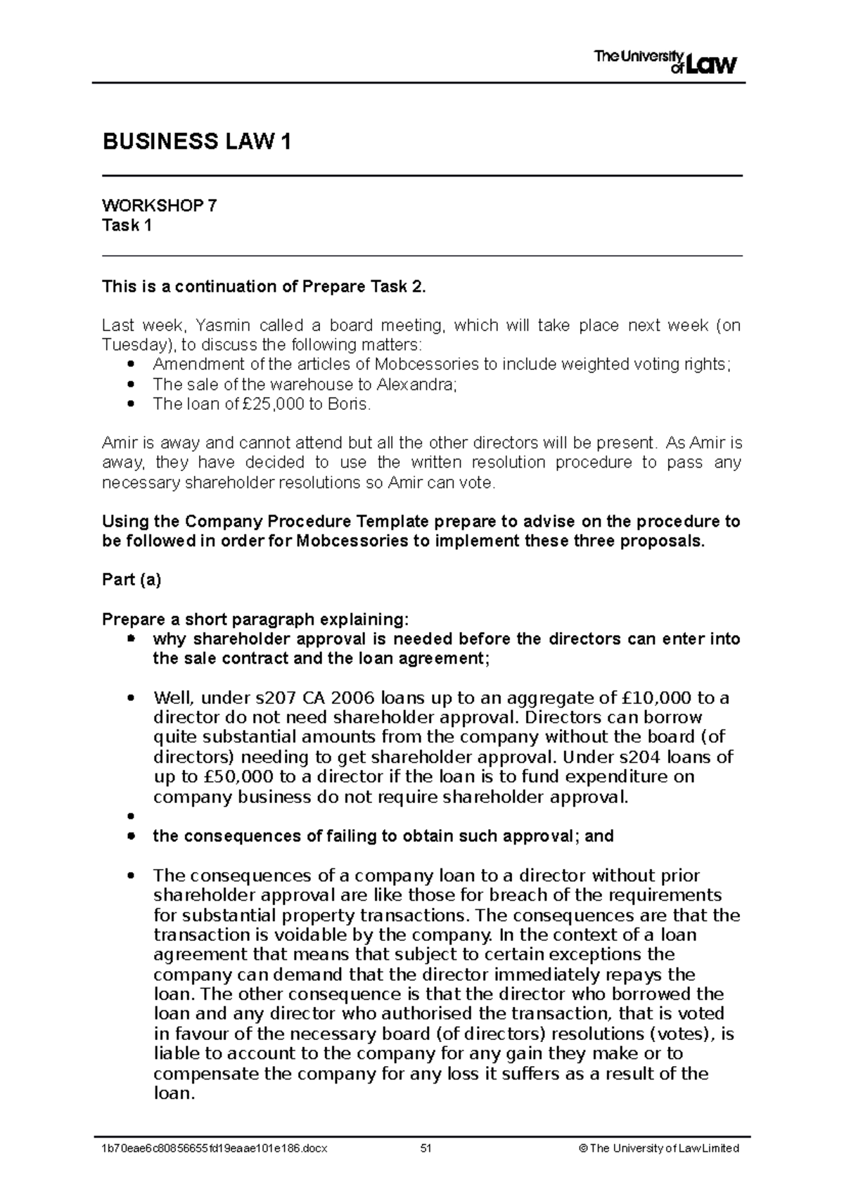 WS7 Task 1 - Workshop Notes - BUSINESS LAW 1 WORKSHOP 7 Task 1 This is ...