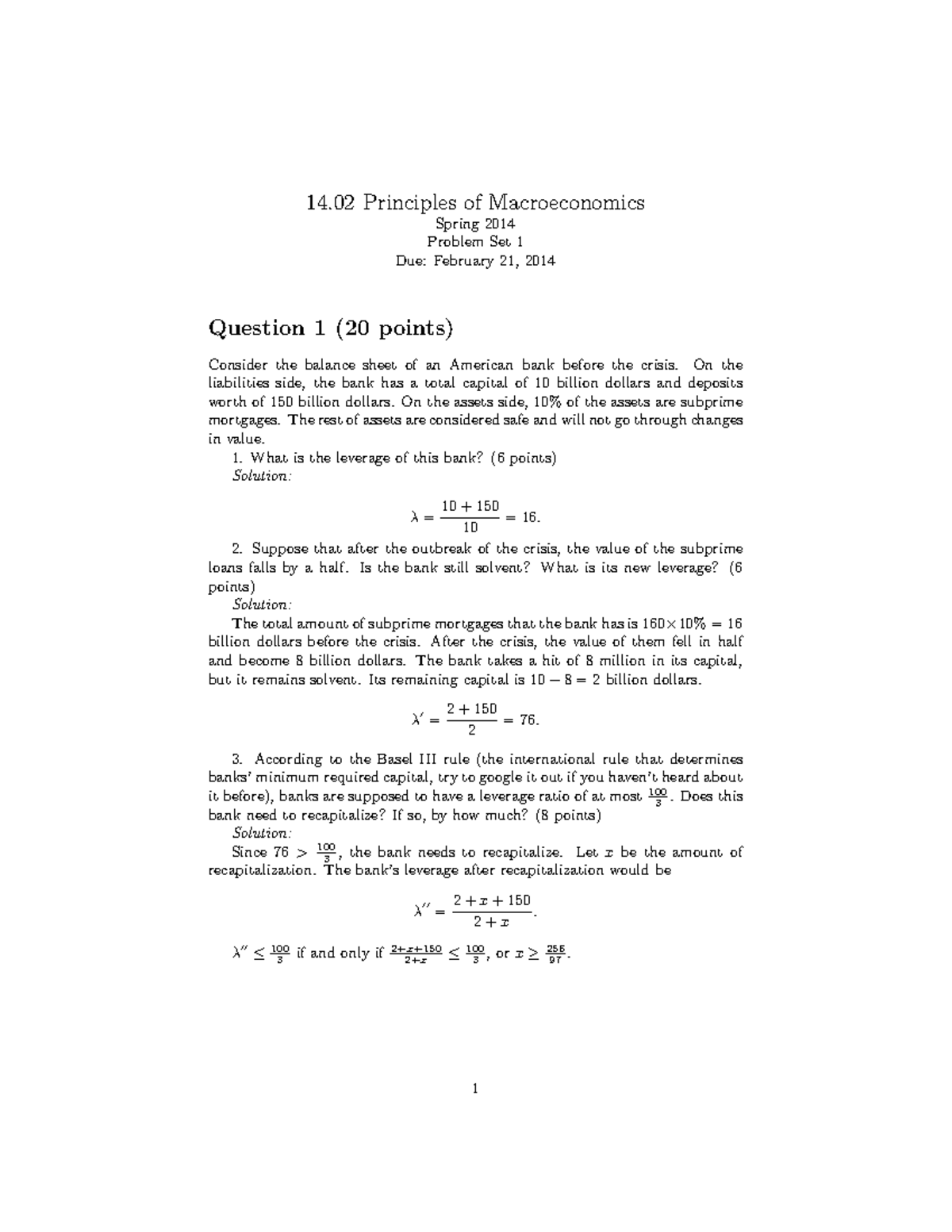 Problem set solutions - 14 Principles of Macroeconomics Spring 2014 Problem Set 1 Due: February ...