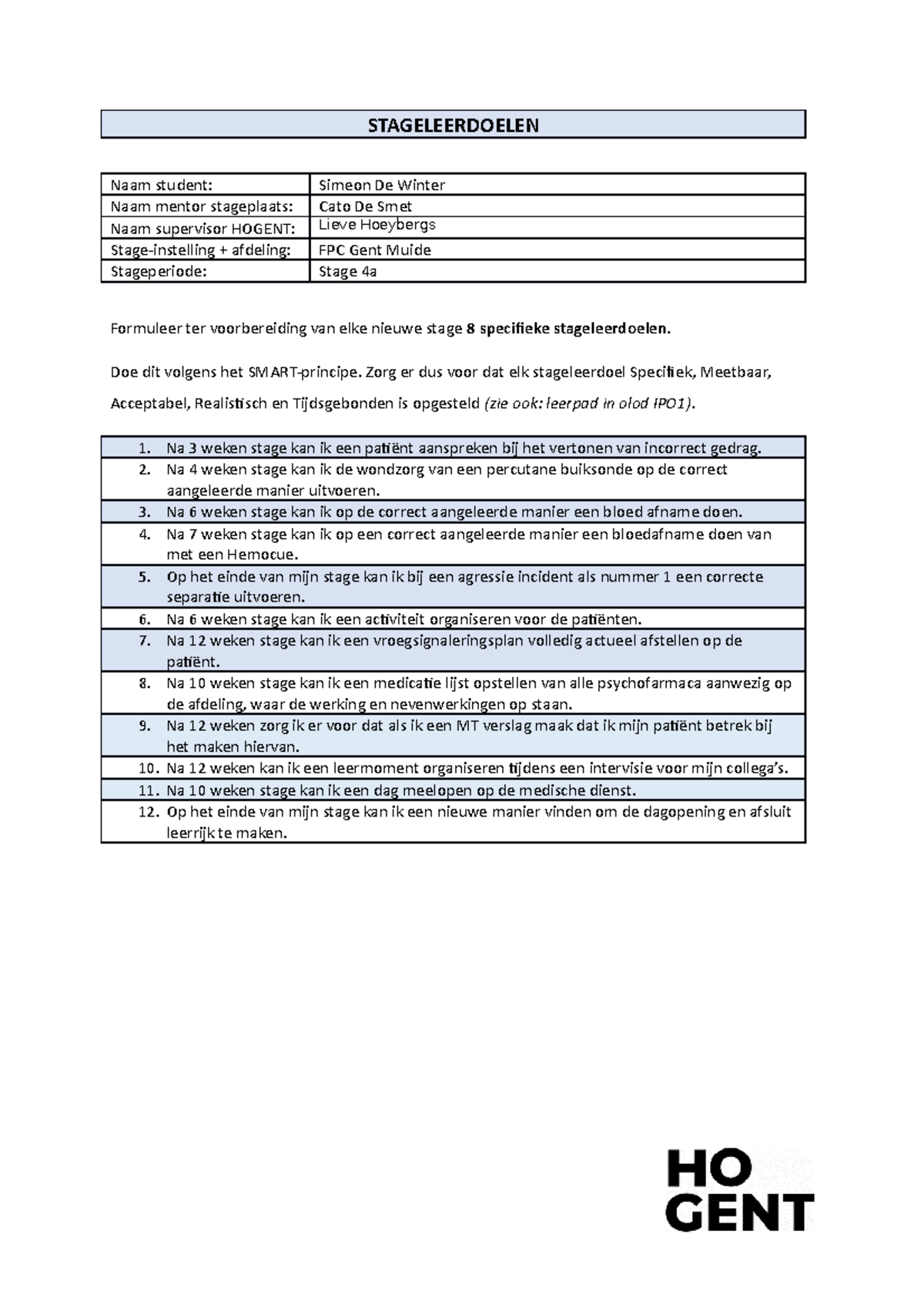 Stagedoelen Simeon De Winter FPC Gent Muide Stage 4a - STAGELEERDOELEN ...