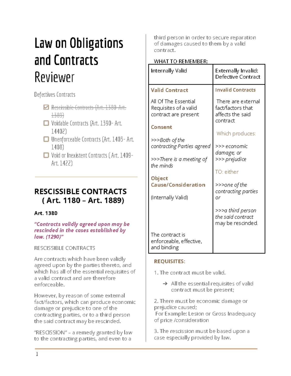 Rescissible Contracts - Law on Obligations and Contracts Reviewer ...