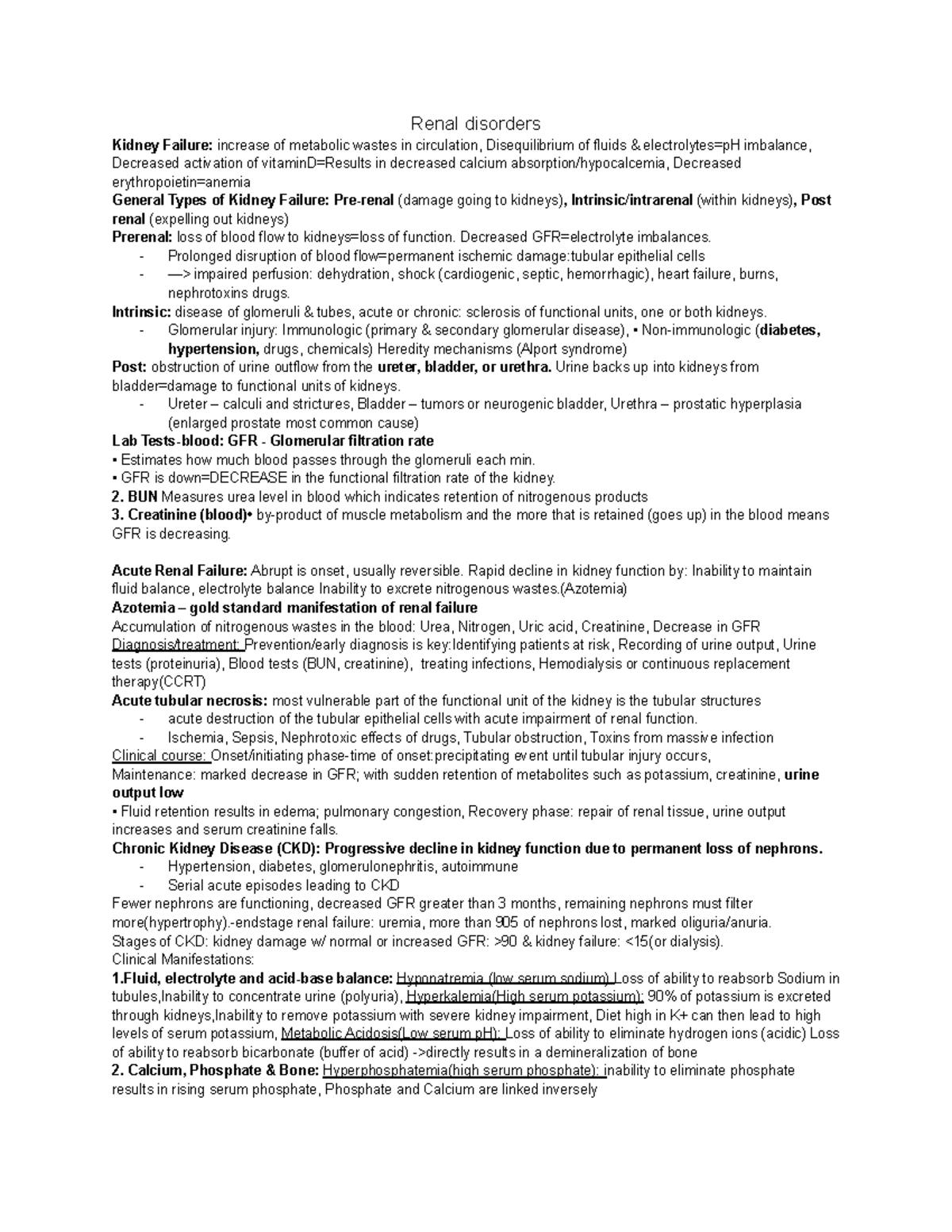 Patho Renal Disorders - overall summary, cheat sheet - Renal disorders ...