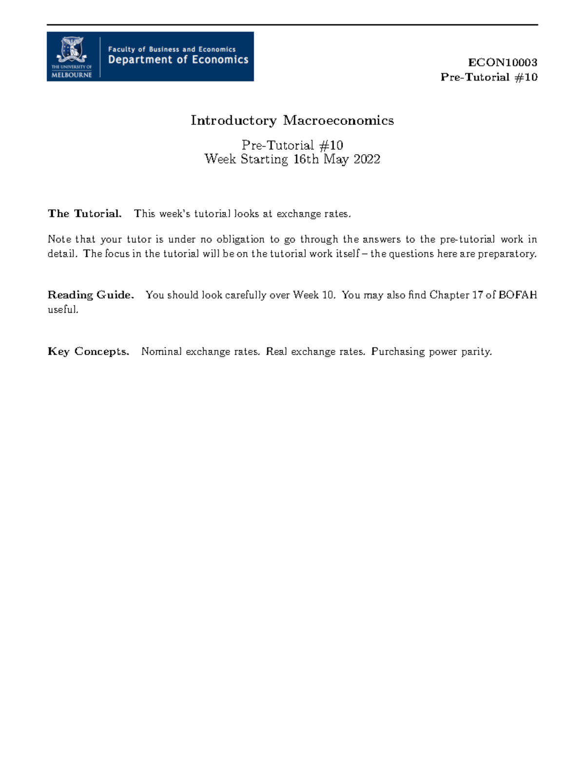 Pre tutorial 10 solutionsdsdss - ECON Pre-Tutorial # Introductory Macroeconomics Pre-Tutorial ...