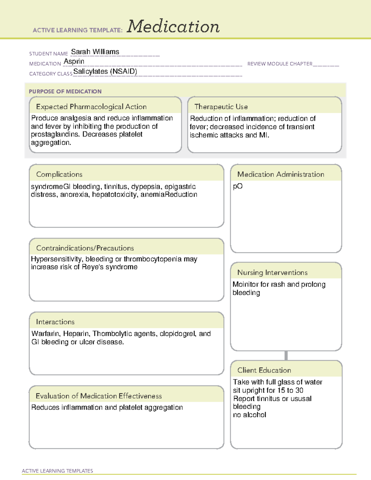 Sarah WAsprin - health - ACTIVE LEARNING TEMPLATES Medication STUDENT ...