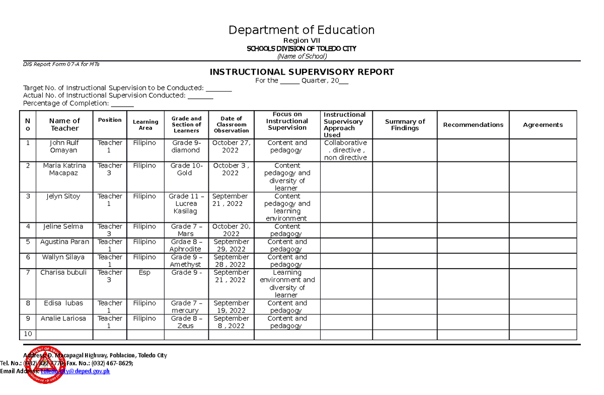 DIS Form 07 Instructional Supervisory Report v2Sept162022 - Department ...