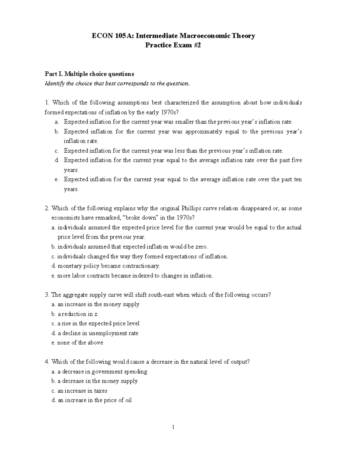 Econ 105A Midterm Practice Exam 2 - ECON 105A: Intermediate Macroeconomic Theory Practice Exam ...