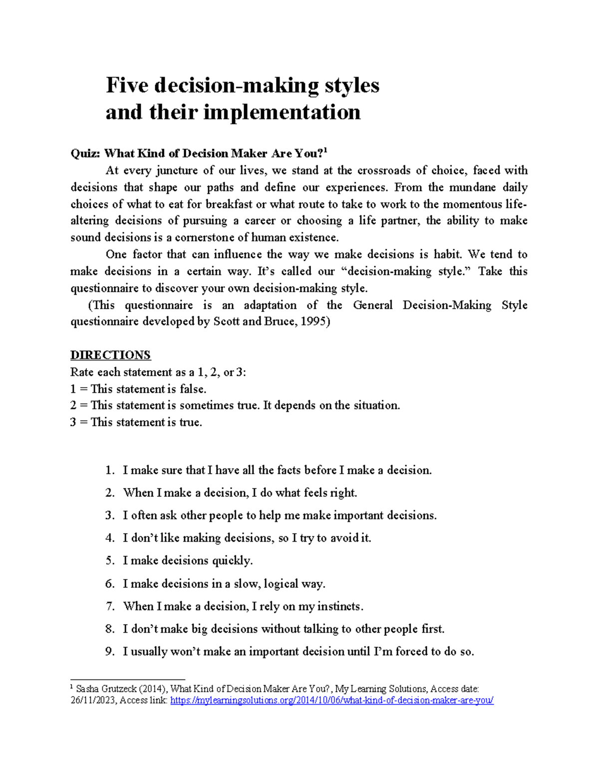 Leadership - Five decision-making styles and their implementation Quiz ...
