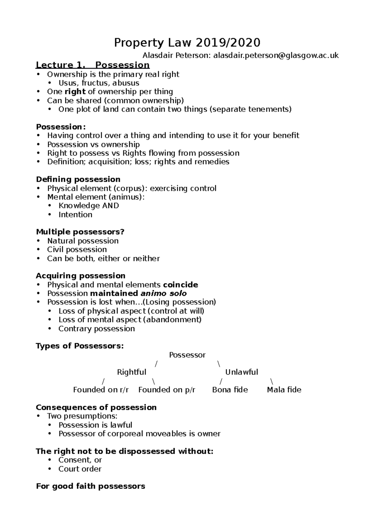 Property LAW 1-3 - Lecture notes 1-3 - Property Law 2019/ Alasdair ...