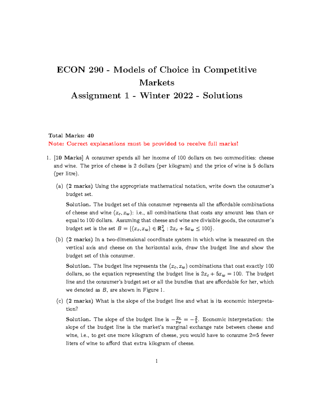 A1 Econ290 W2022 Solutions econ econ - ECON 290 - Models of Choice in ...