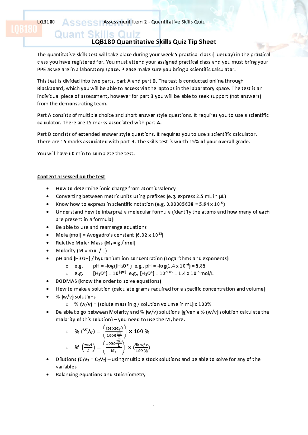 LQB180 2022 Quant Skills Quiz Tip Sheet - LQB180 Assessment Item 2 ...