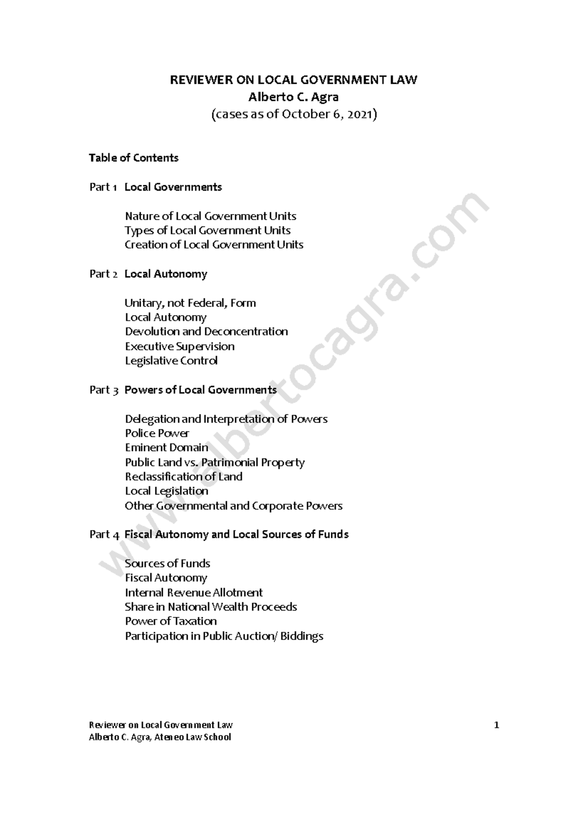 Agra Loc Gov Reviewer 01 - Reviewer on Local Government Law 1 REVIEWER ...