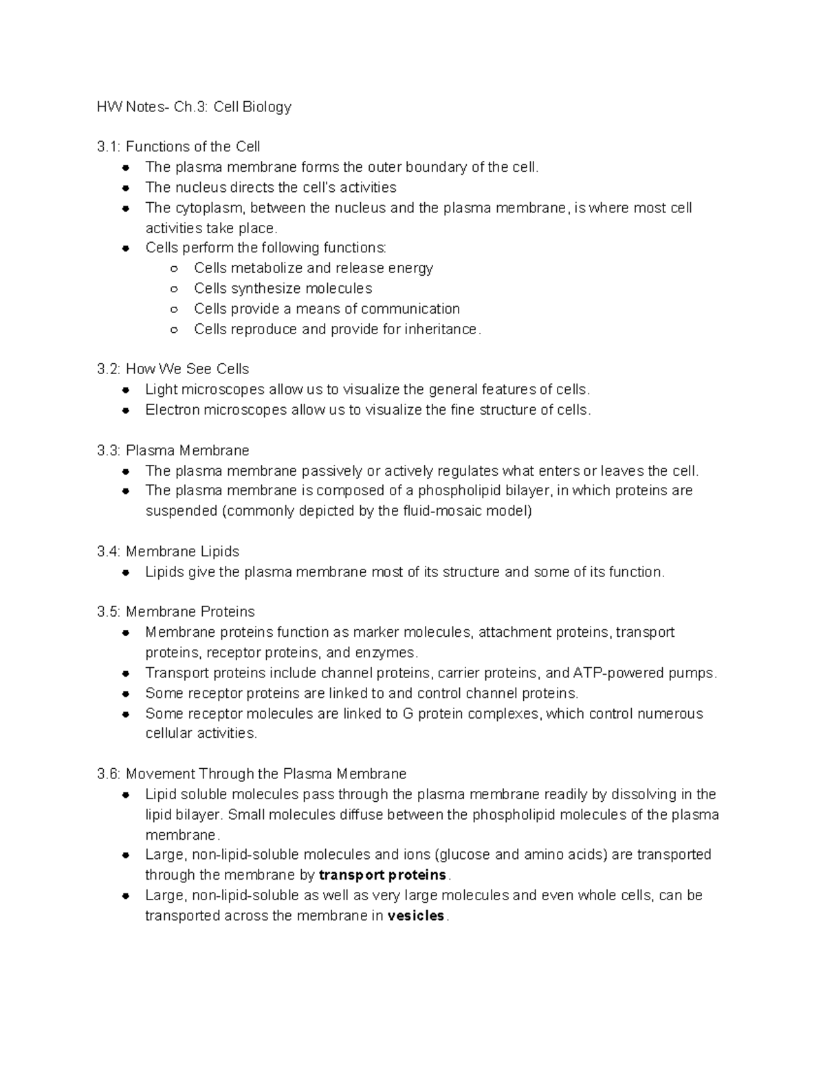 HW Notes- Ch.3 Cell Biology - HW Notes- Ch: Cell Biology 3: Functions ...