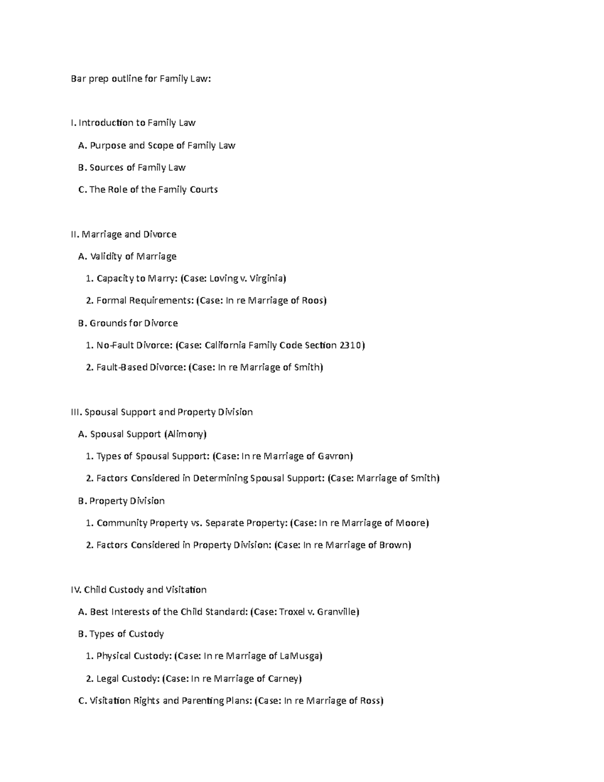 Bar prep outline for Family Law - Introduction to Family Law A. Purpose ...