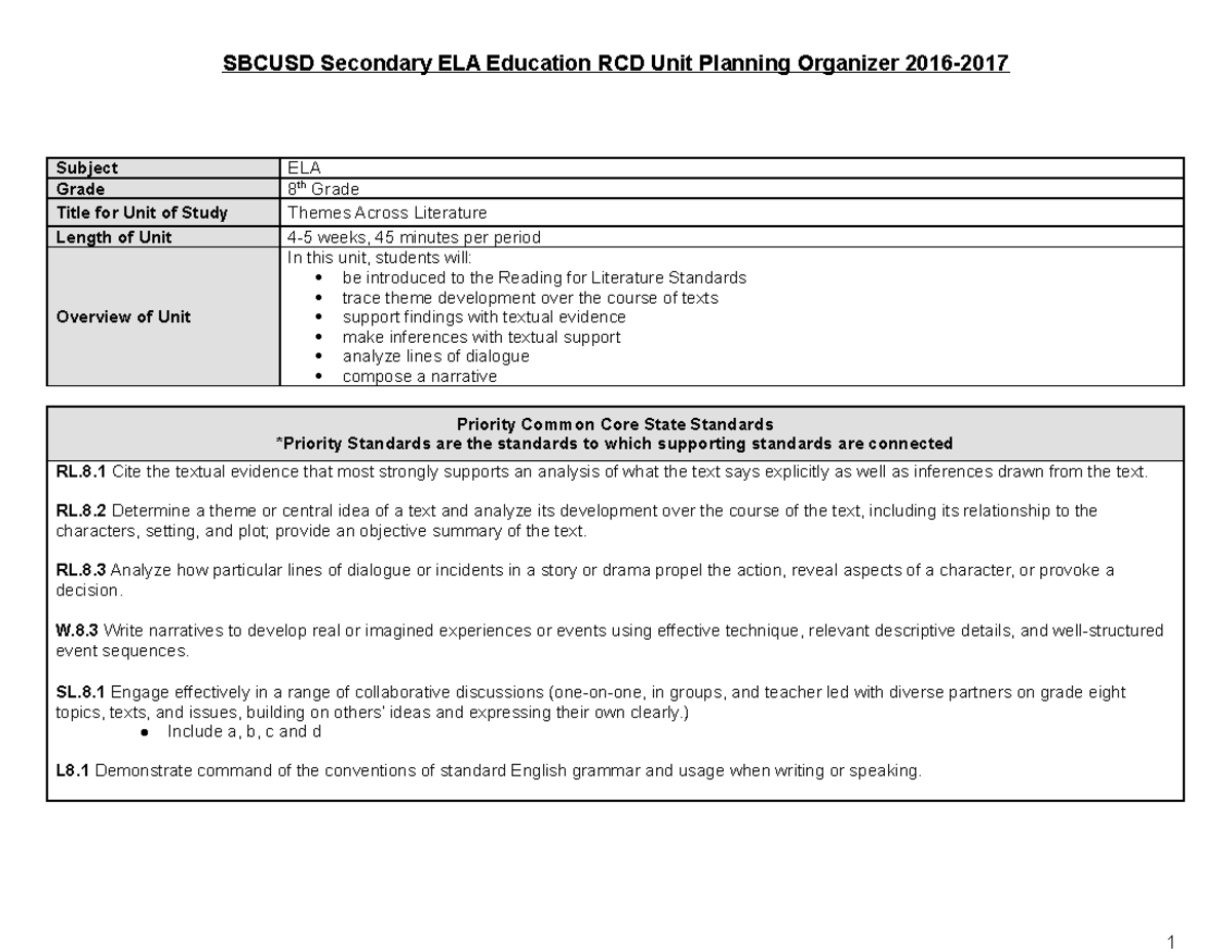 8th grade unit 1 organizer collections 2016-2017 - Subject EL A Grade 8 ...