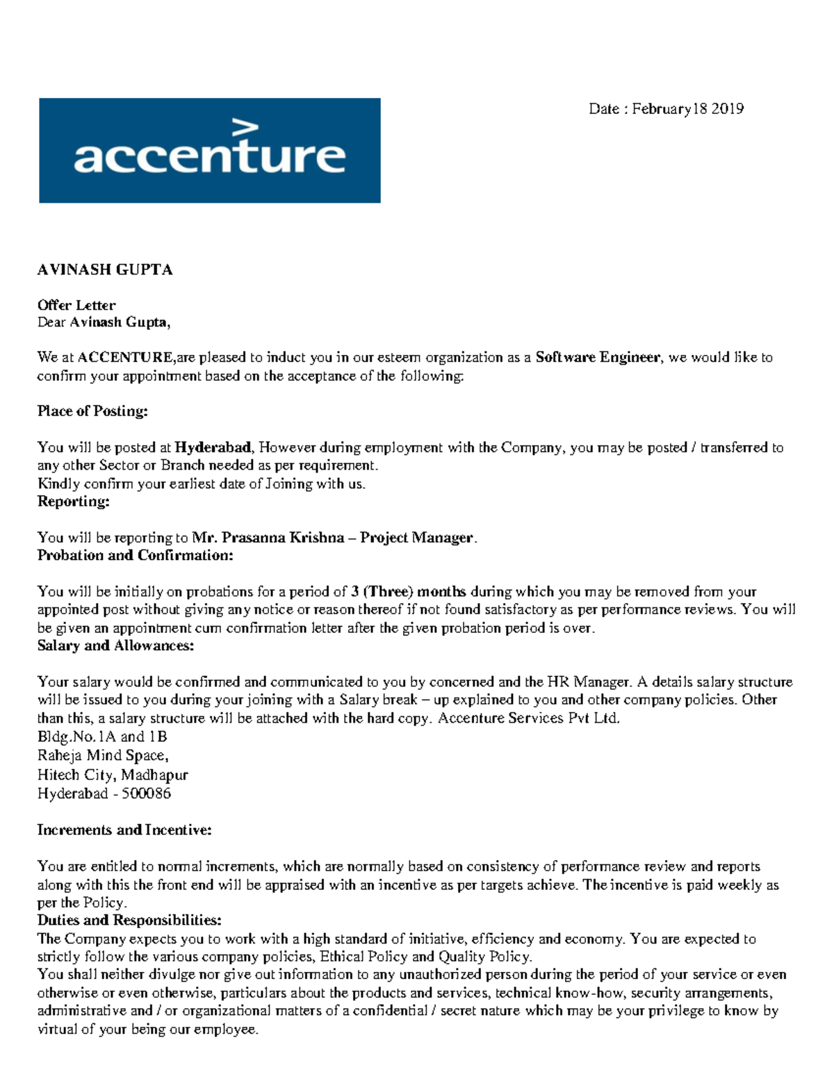 Scribfree - This is my offer letter - Date : February18 2019 AVINASH ...