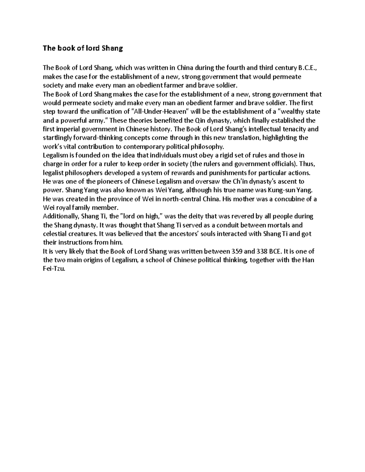 Reading 9 - The book of lord Shang The Book of Lord Shang, which was ...