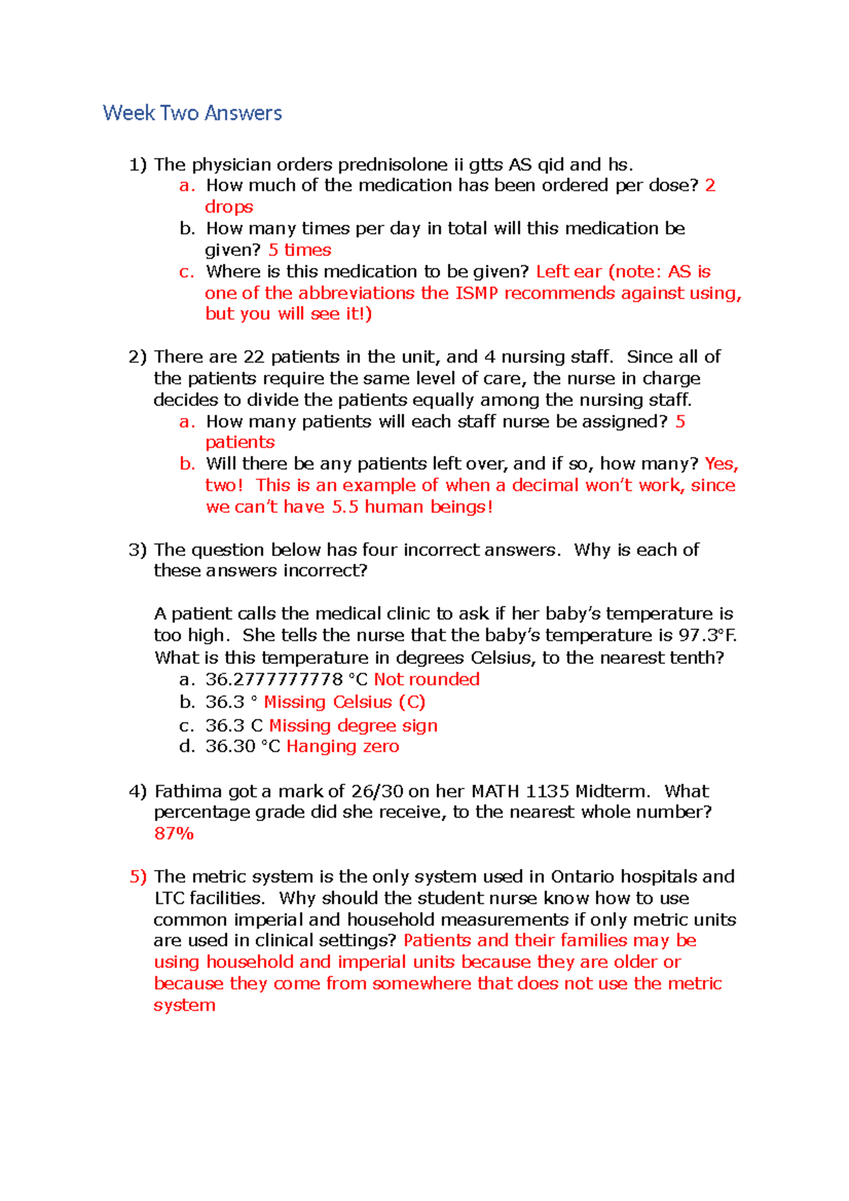 Week Two Synchronous Work Answers - Week Two Answers The physician orders prednisolone ii gtts ...