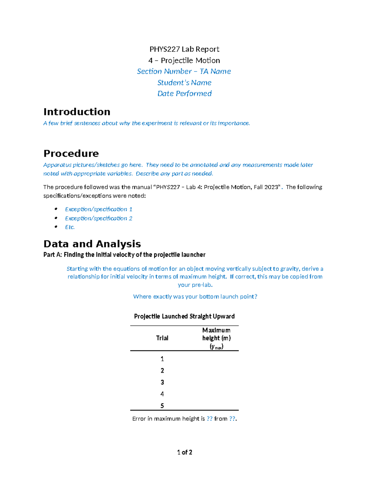 PHYS227 Lab Report Template 4 - Projectile Motion - PHYS227 Lab Report ...
