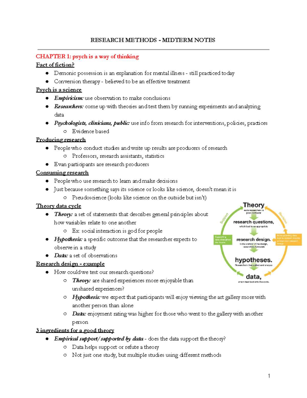 Midterm Notes - RESEARCH METHODS - MIDTERM NOTES CHAPTER 1: psych is a ...
