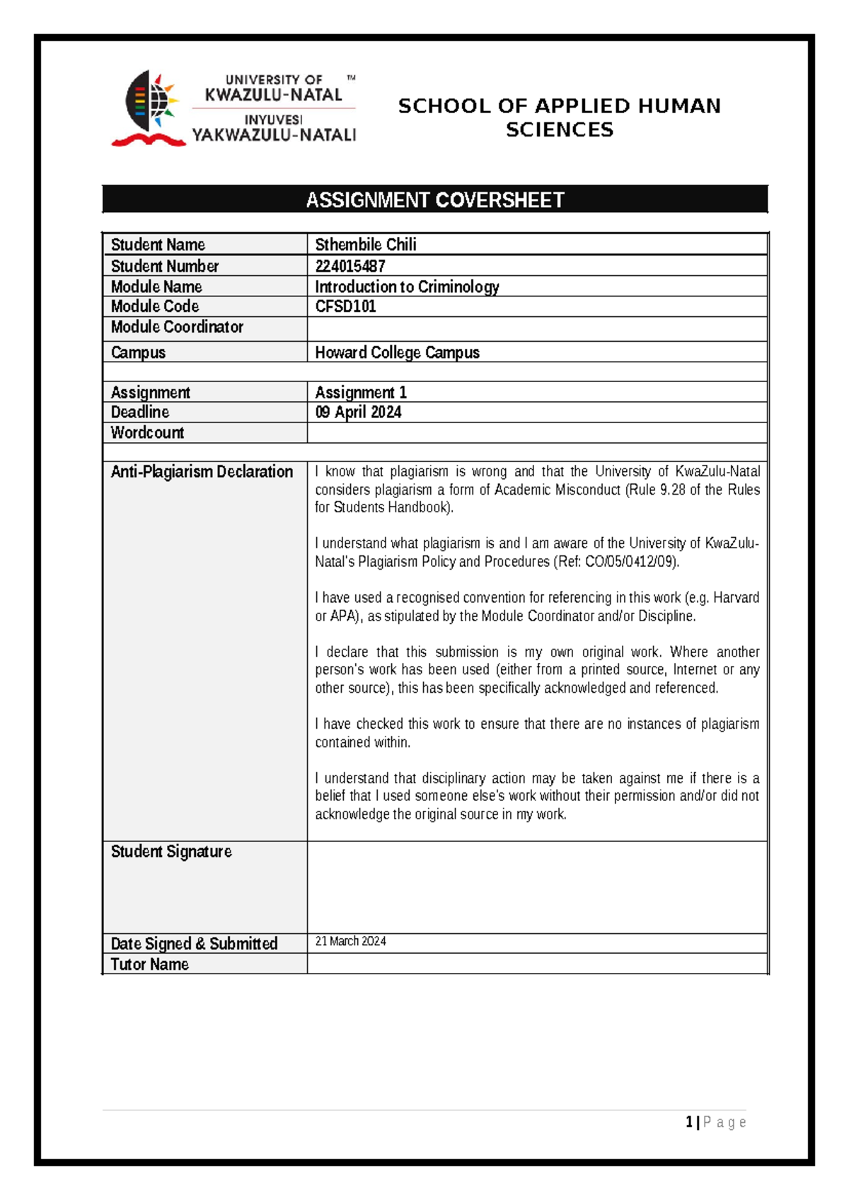 Assignment Cover Page 2024 - SCHOOL OF APPLIED HUMAN SCIENCES ...
