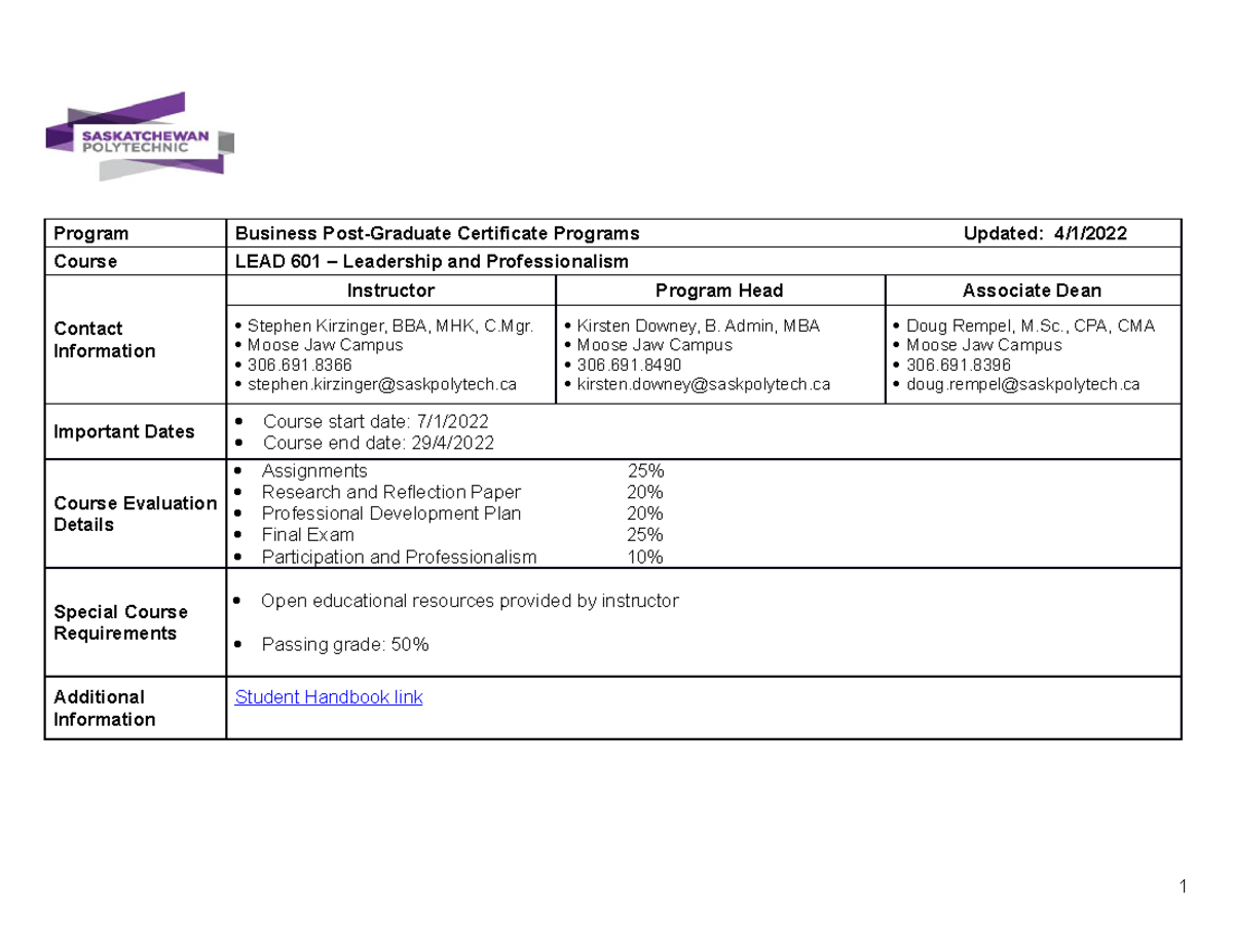 LEAD 601 Course Syllabus Winter 2022 - Program Business Post-Graduate ...