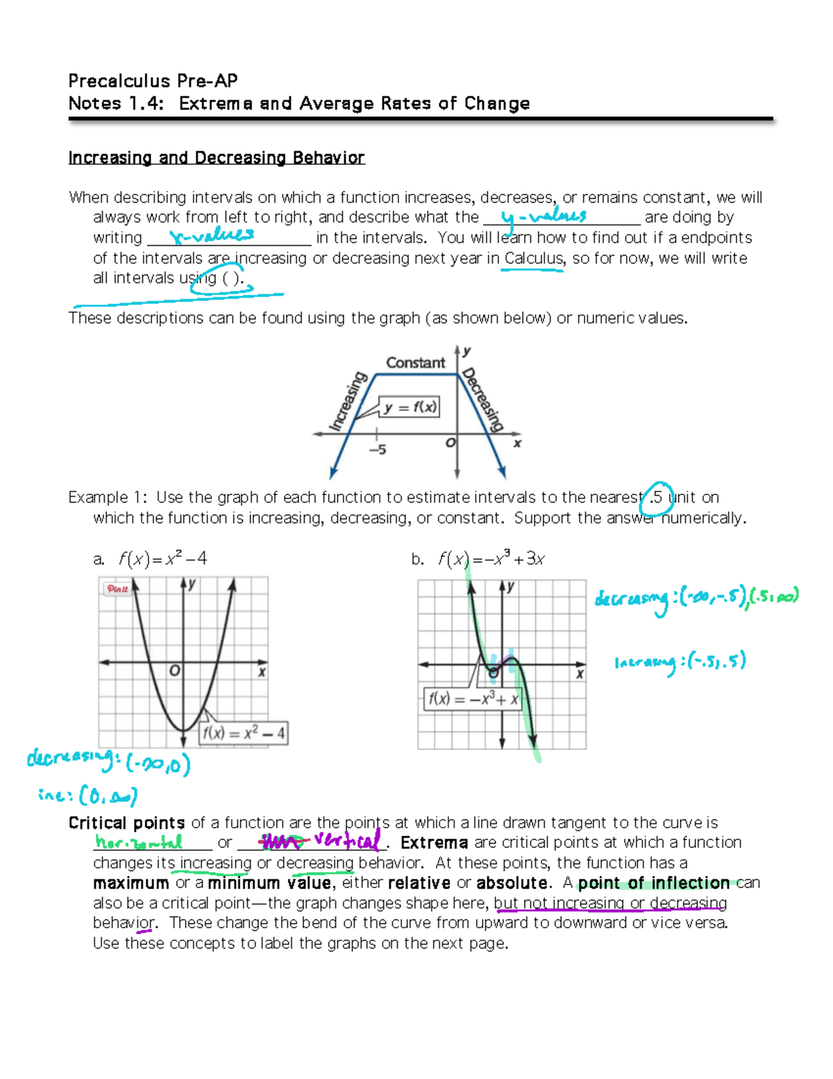 1.4 Notes - Extrema, AROC, Inflection Key - Precalculus Pre-AP Notes 1 ...