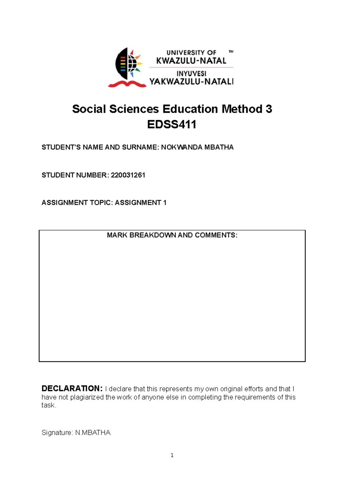 Mbatha Nokwanda 22003 1261 EDSS 411 Assignment 1 - Social Sciences ...